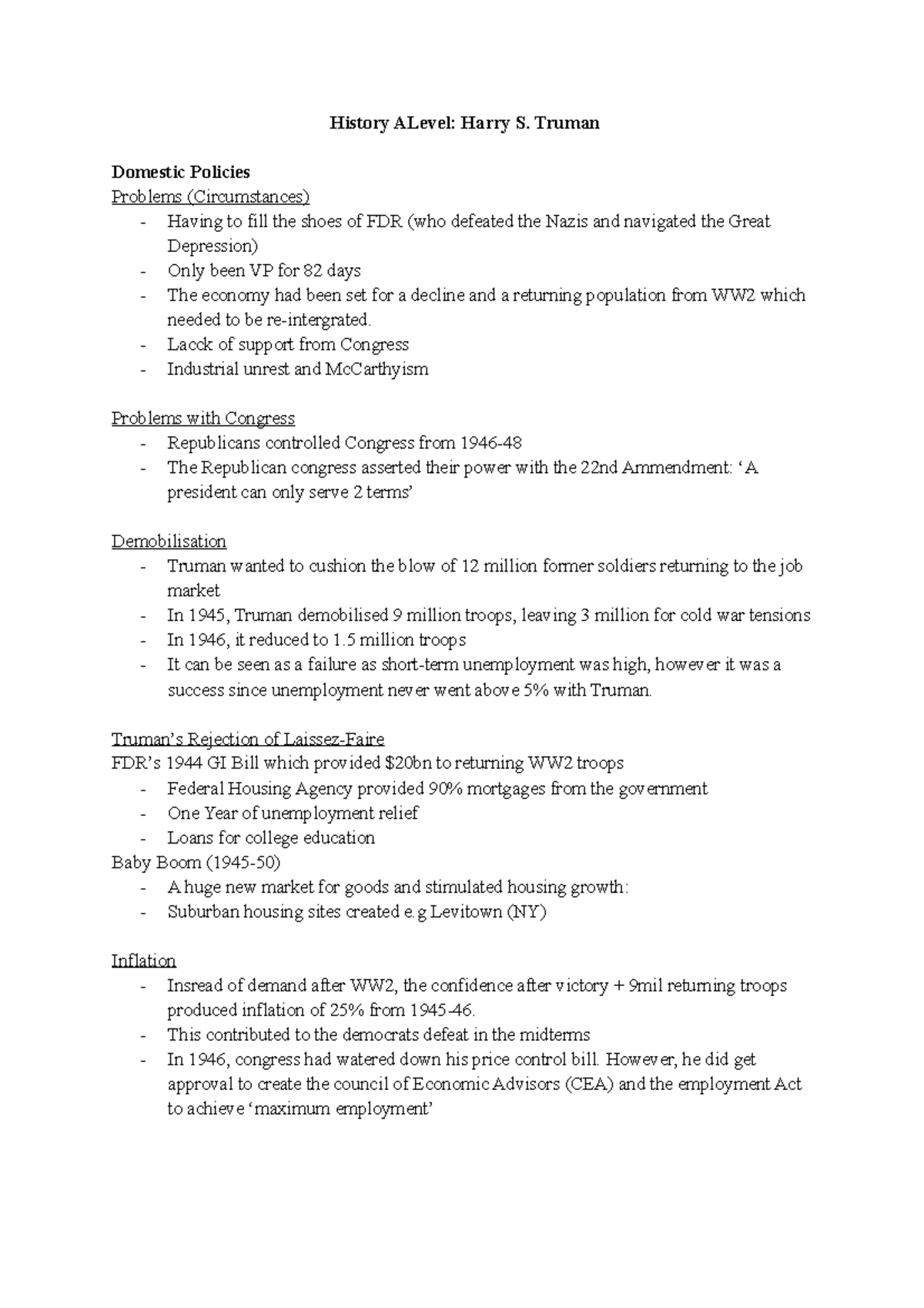 History ALevel Harry Truman - History ALevel: Harry S. Truman Domestic ...