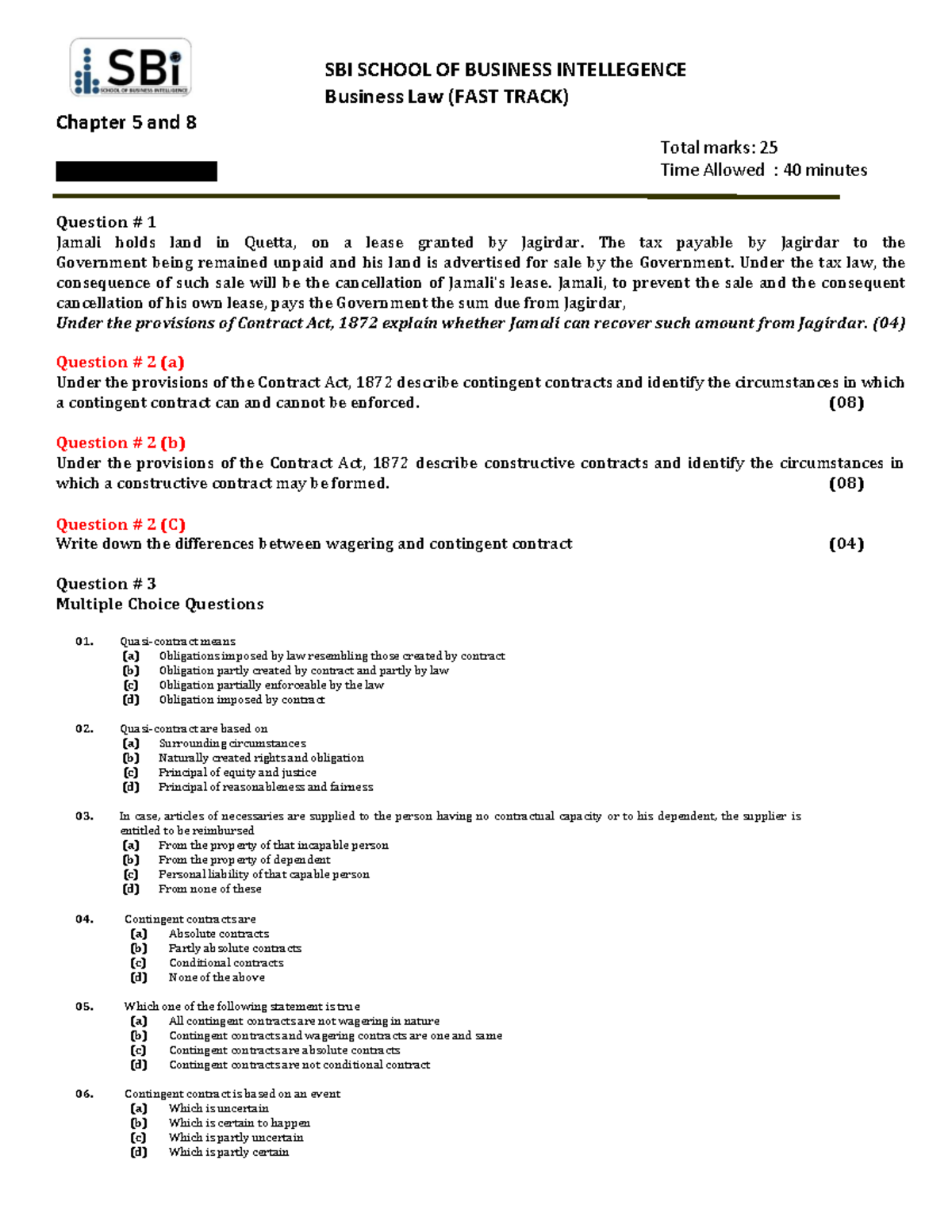 Test 3 QP - notes - SBI SCHOOL OF BUSINESS INTELLEGENCE Business Law ...