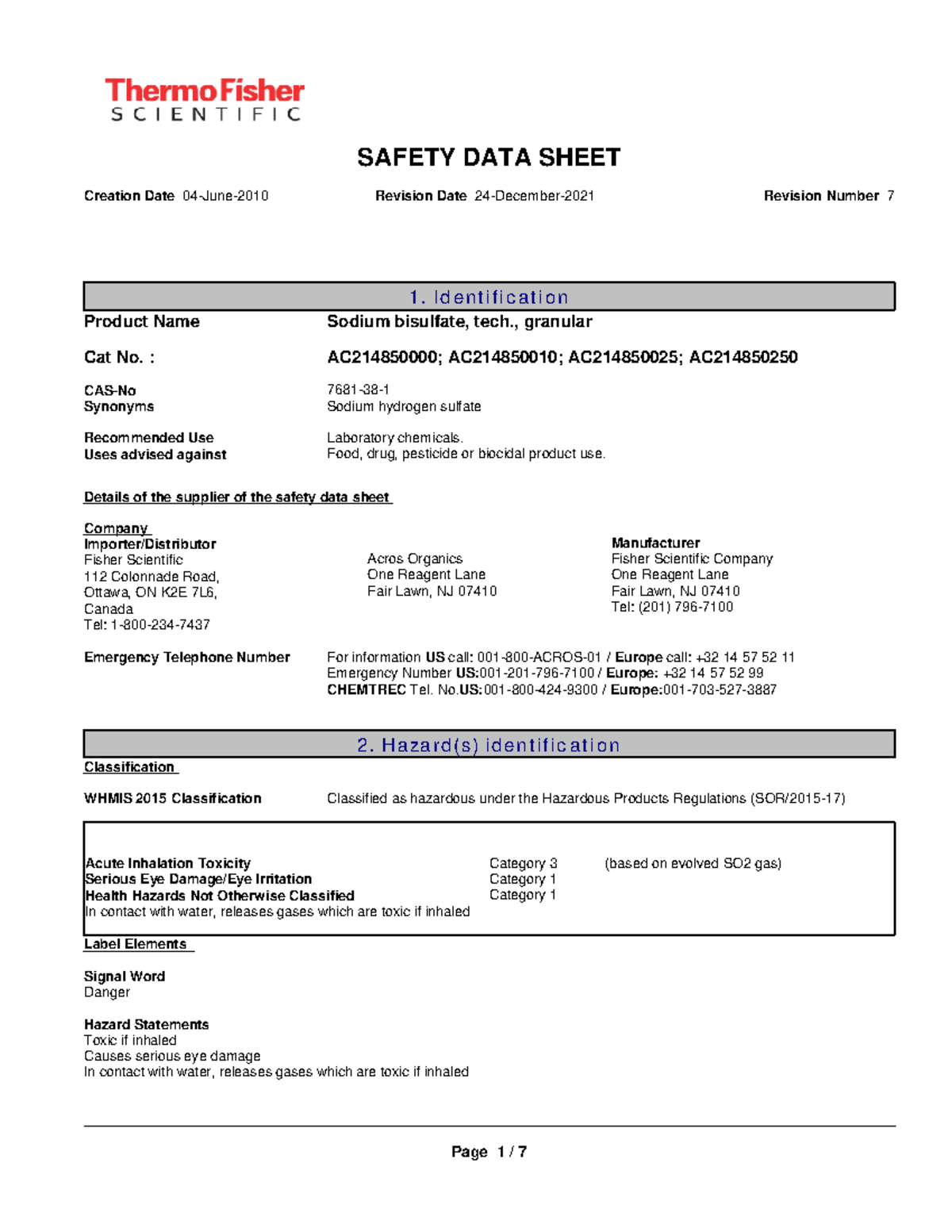 Sodium bisulfate 92 tech granular acros organics 3 - SAFETY DATA SHEET ...