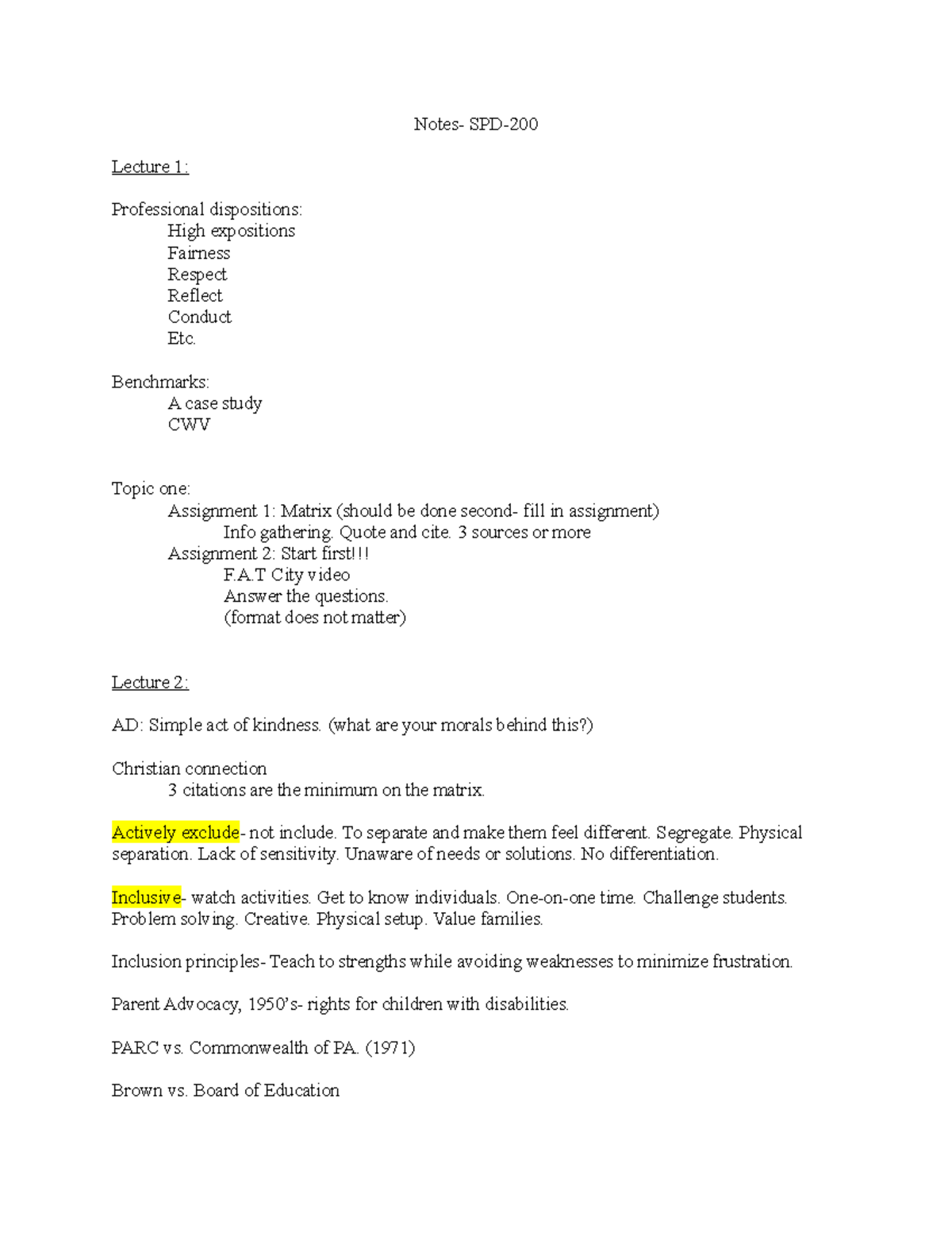 Notes SPD-200 - Notes- SPD-200 Lecture 1: Professional dispositions ...