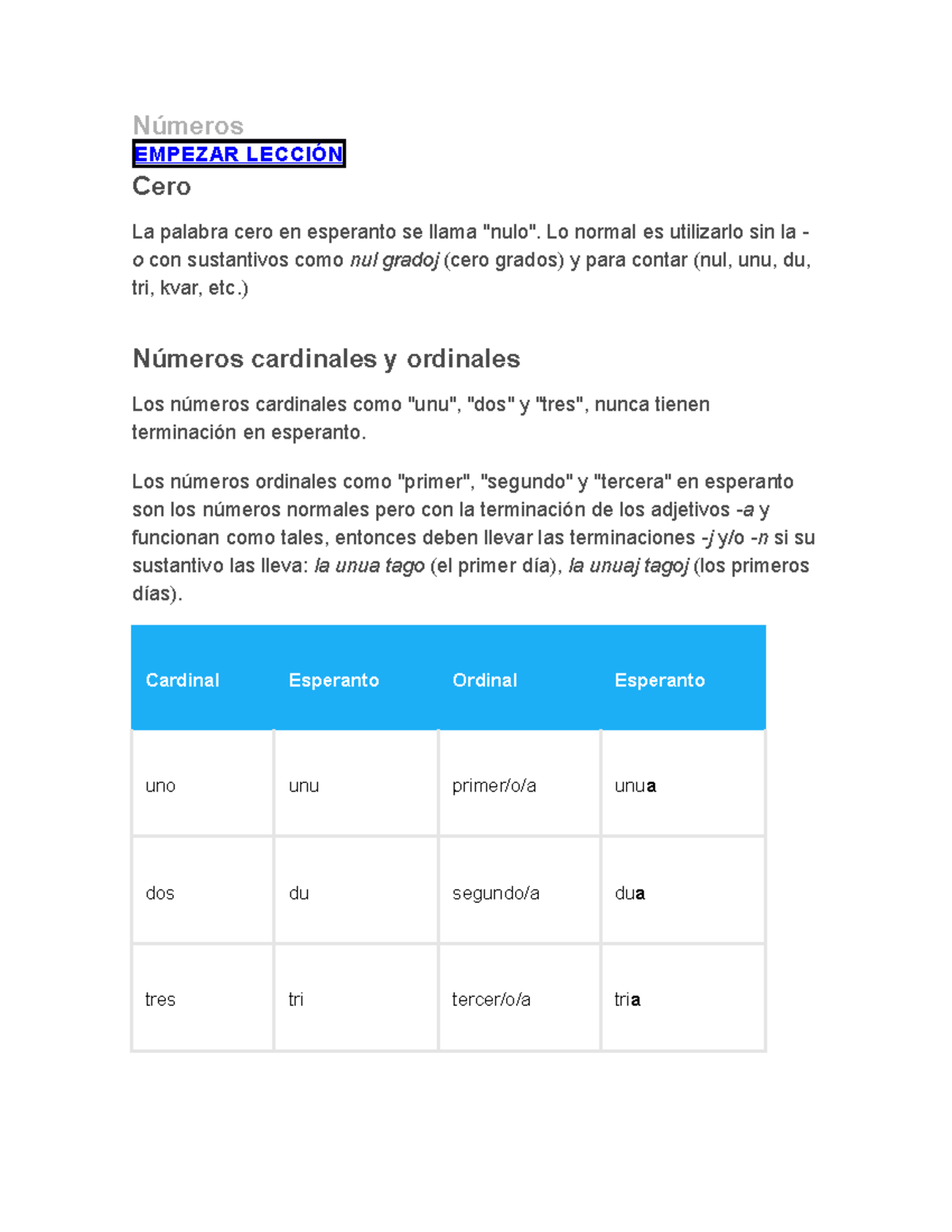 Números en idioma esperanto - Números EMPEZAR LECCIÓN Cero La palabra ...