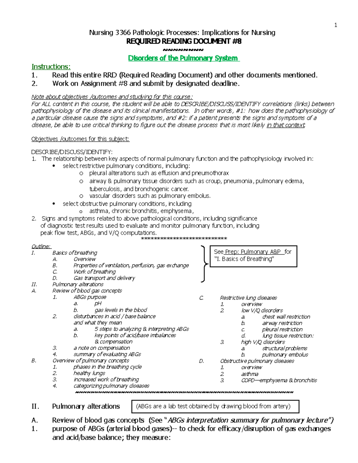 RRD #8 Pulmonary System Disorders - Nursing 3366 Pathologic Processes ...