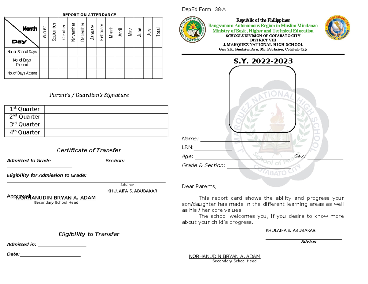 Jmnhs- School-CARD-2023- Final-SF9 - DepEd Form 138-A Republic of the ...