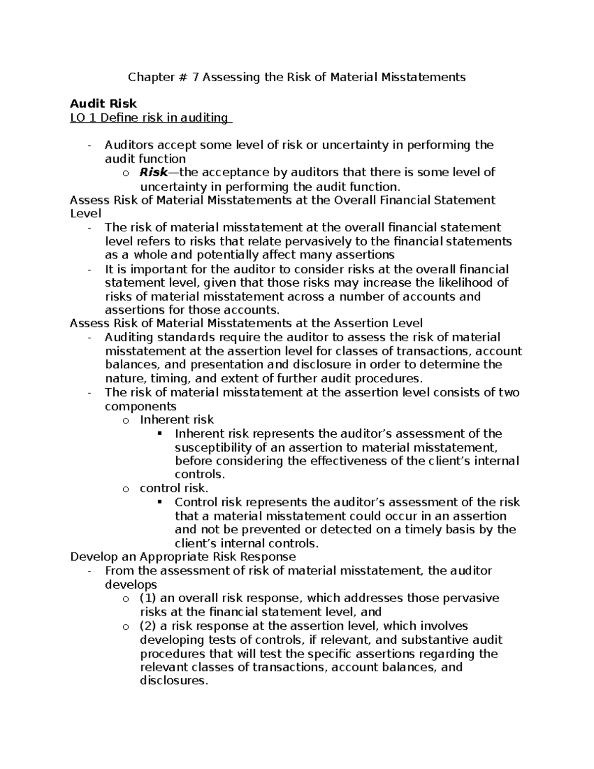 Chapter 7 - Chapter # 7 Assessing the Risk of Material Misstatements ...