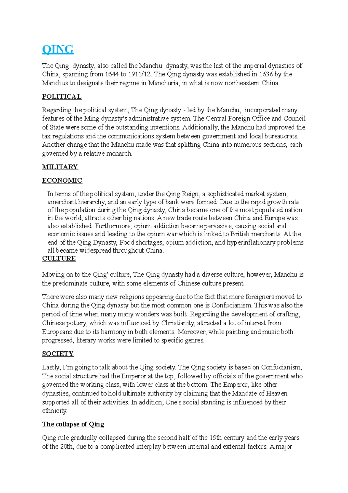 History of qing - QING The Qing dynasty, also called the Manchu dynasty ...