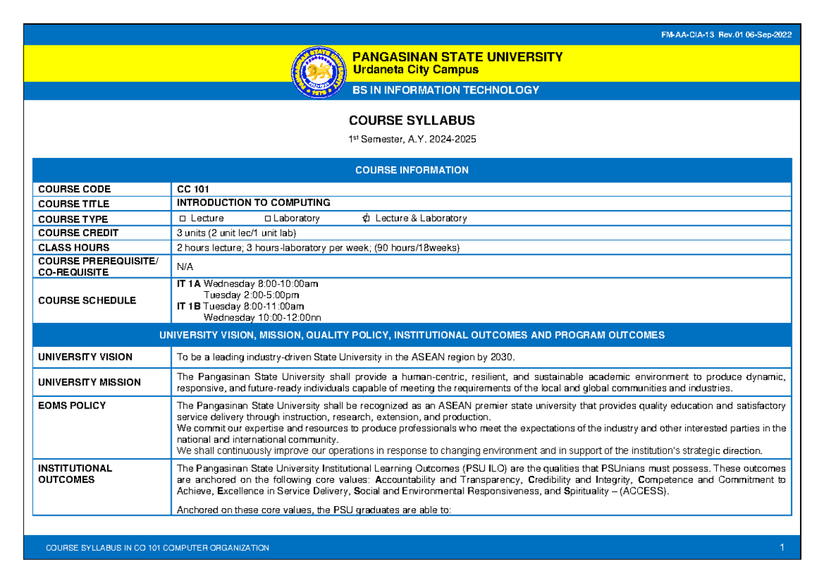 CC-101-Syllabus - CC 101 Syllabus for 1st year BSIT students - COURSE ...