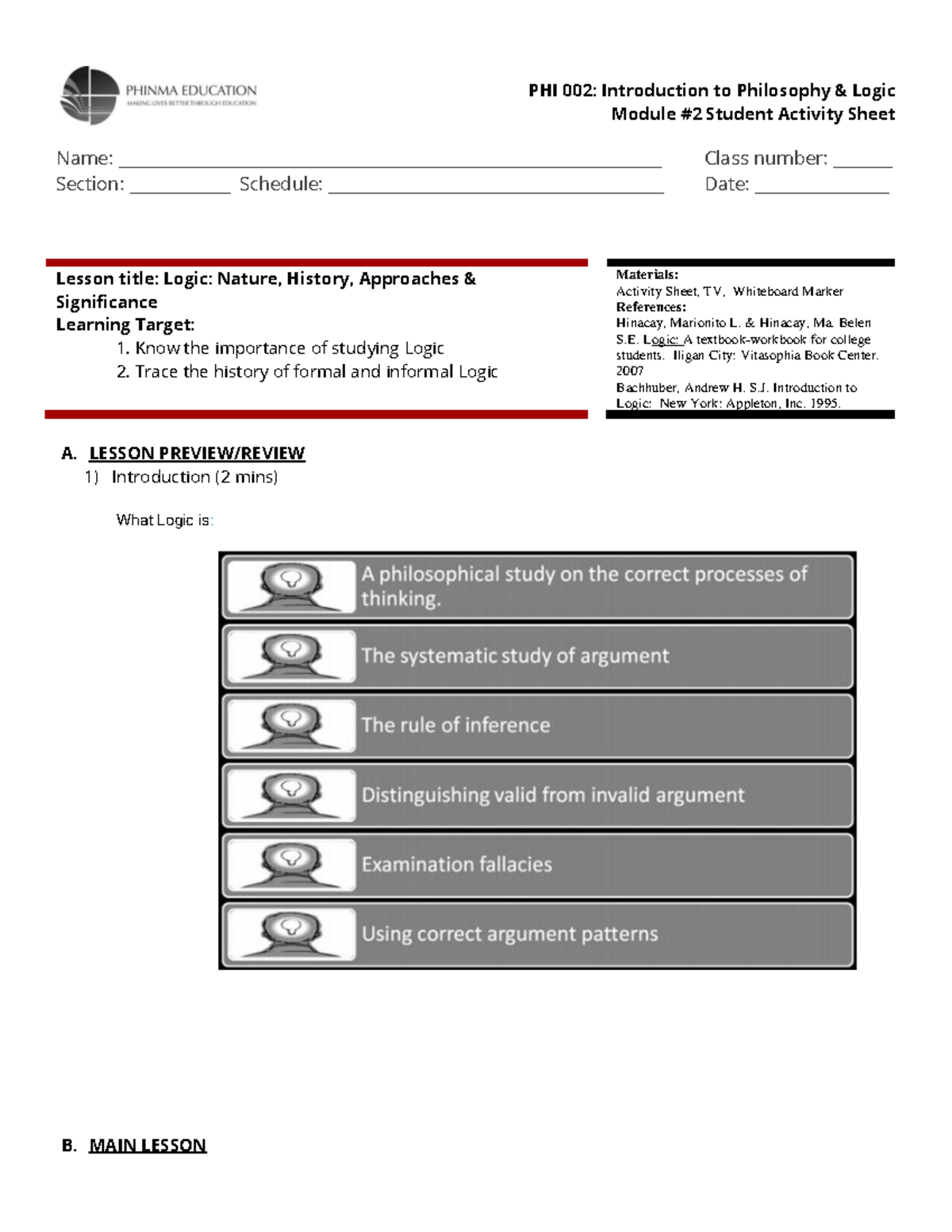 Lesson 2 - Nature, History of Logic - Module # 2 Student Activity Sheet Name: - Studocu