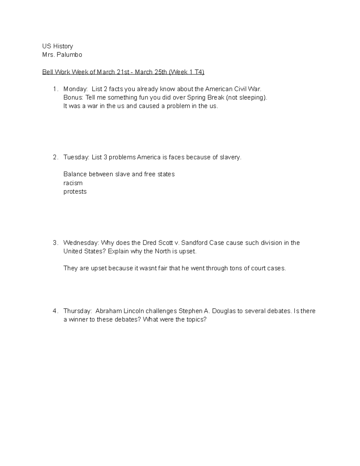 Copy of Lesson 4.1 Bell Work 3 21 - 3 25 2022 Week - US History Mrs ...