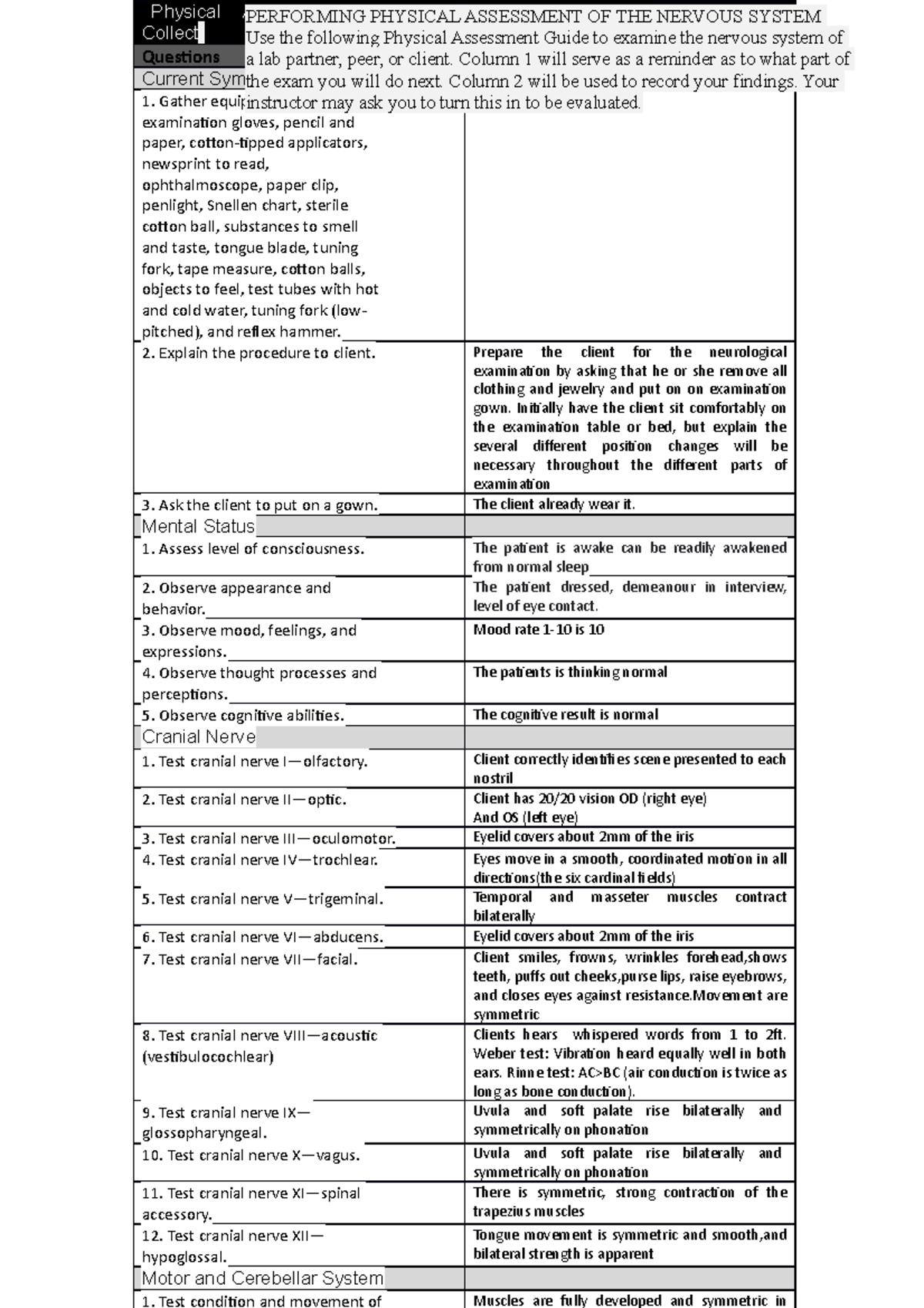Physical Assessment Nervous System - Physical Assessment Guide to ...