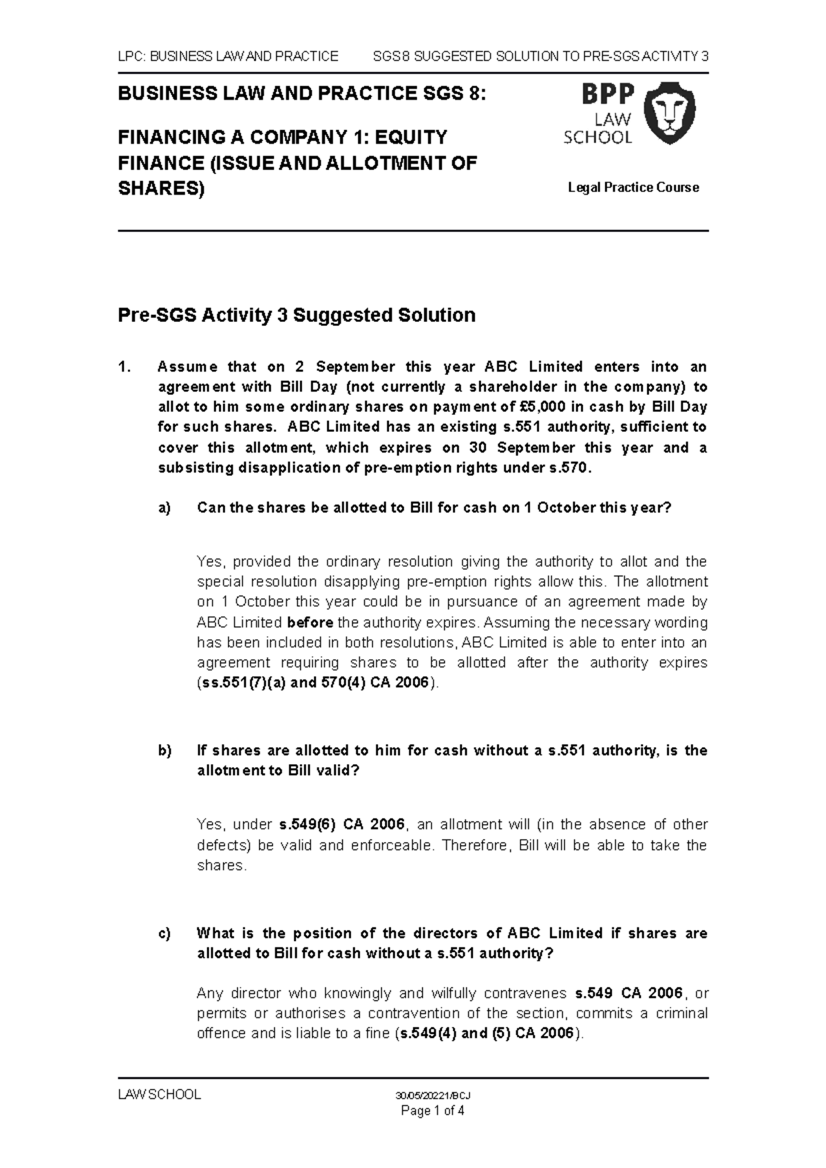 BLP SGS 8 Solution to Pre-SGS Activity 3 22-23 - LPC: BUSINESS LAW AND ...