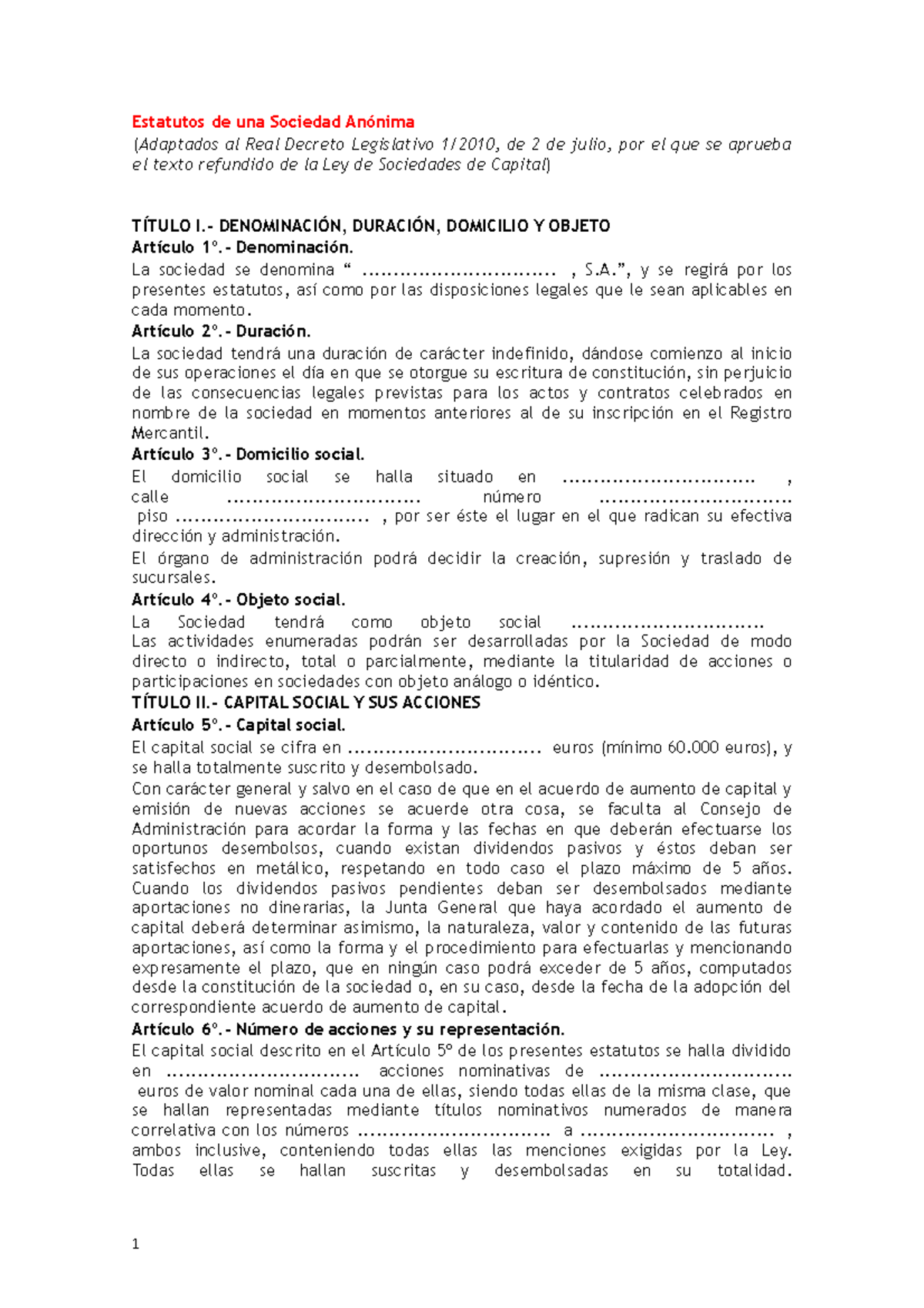 Estatutos SA - EJEMPLO PRÁCTICO - Estatutos de una Sociedad Anónima ...