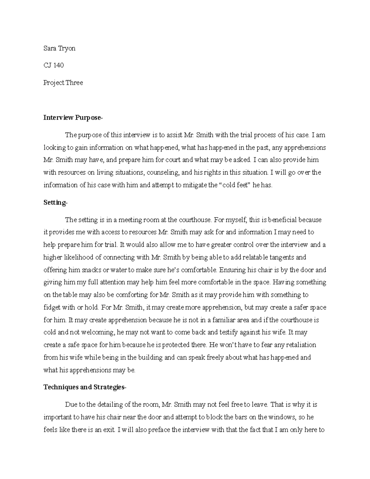 CJ 140 Project Three - Sara Tryon CJ 140 Project Three Interview ...