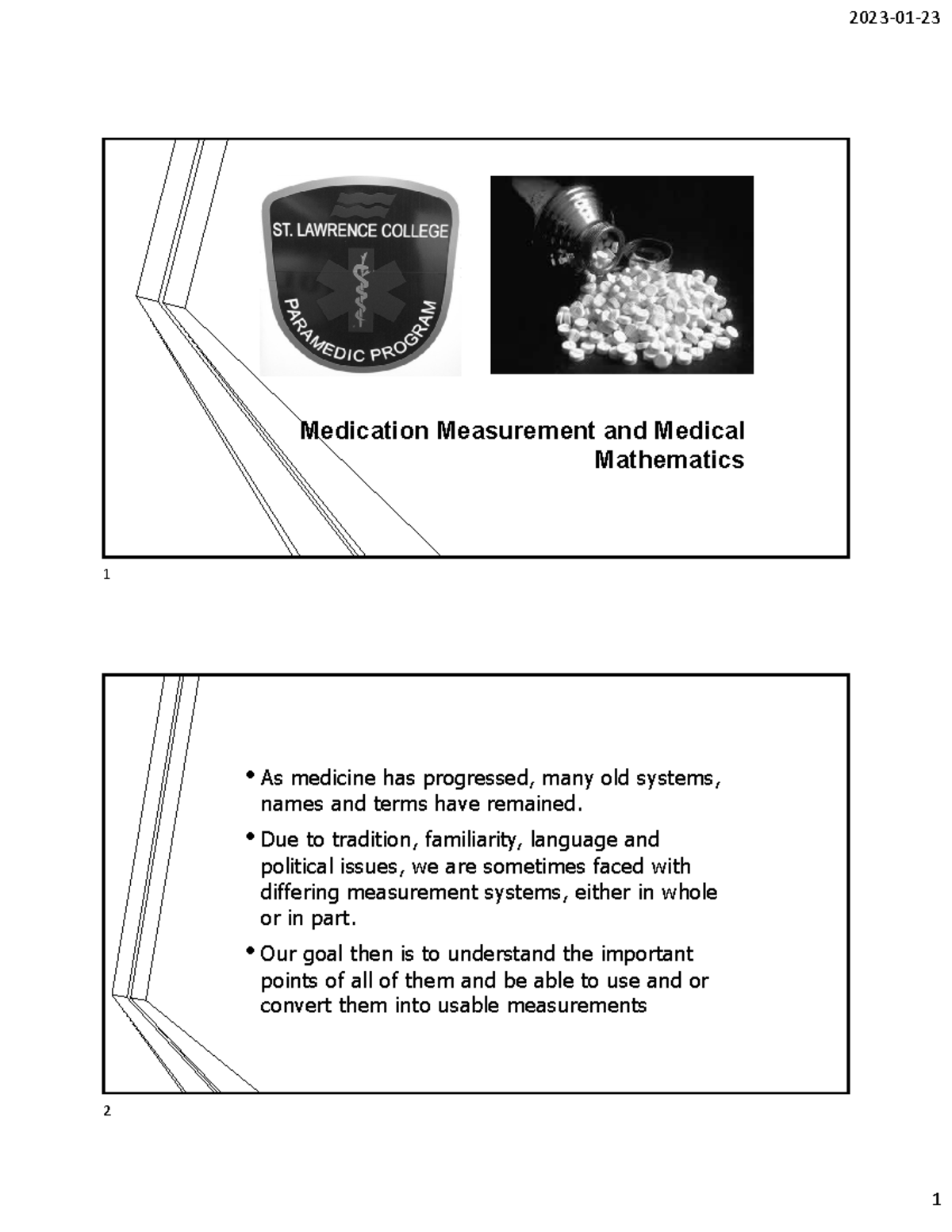 Lesson 2 - Medical math 2023 - Medication Measurement and Medical ...