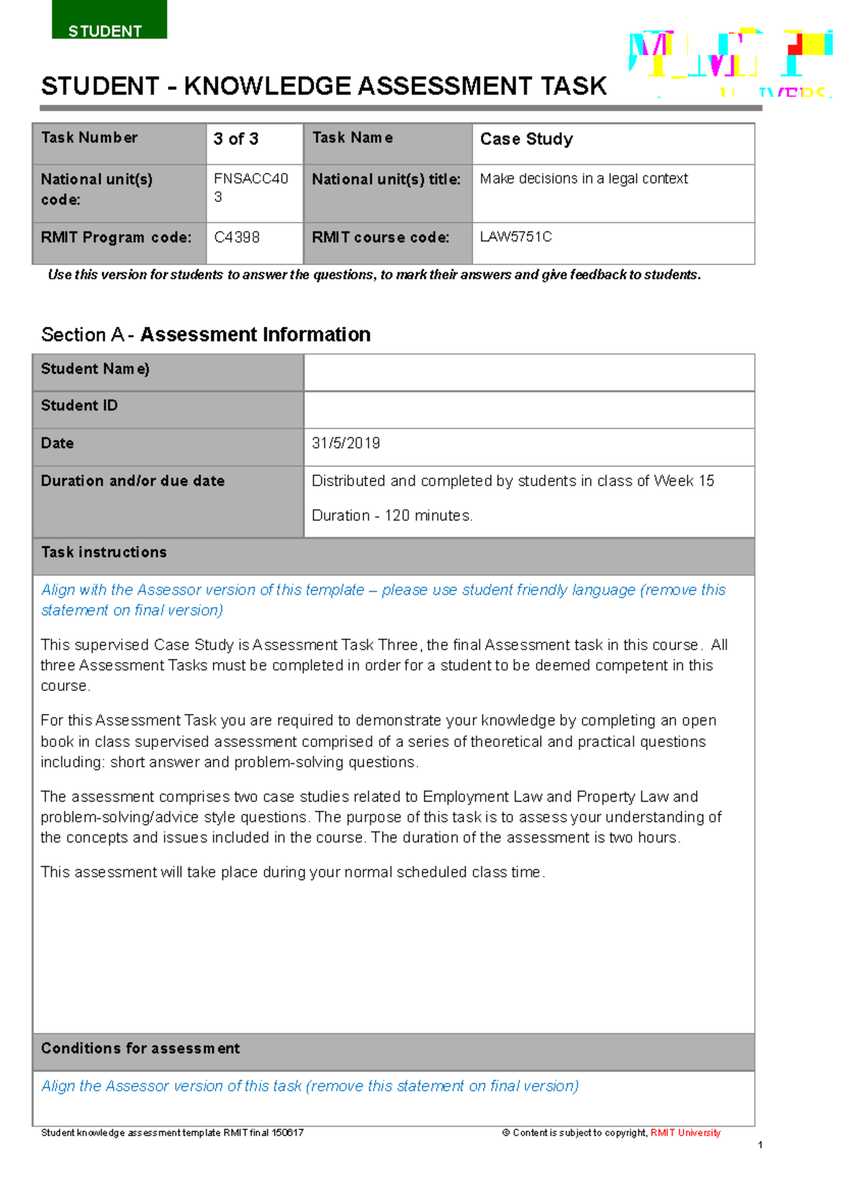 Legal assignment - assessment task 3 - STUDENT - KNOWLEDGE ASSESSMENT TASK Task Number 3 of 3 ...
