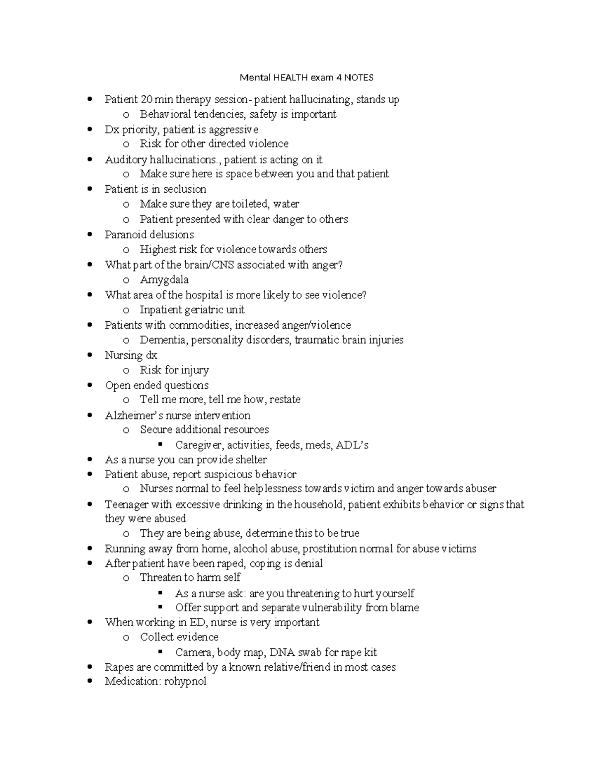 Mental Health exam 4 Notes - Mental HEALTH exam 4 NOTES Patient 20 min ...