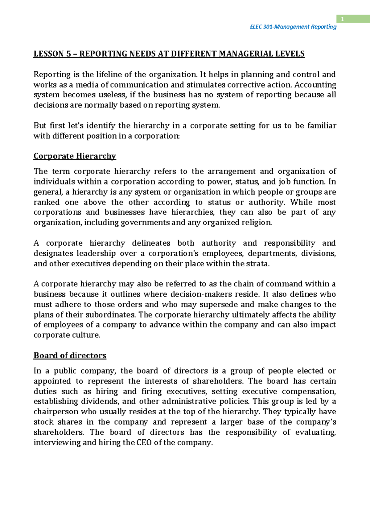 Lesson 5 Reporting Neeeds at Different Managerial Levels - ELEC 301 ...