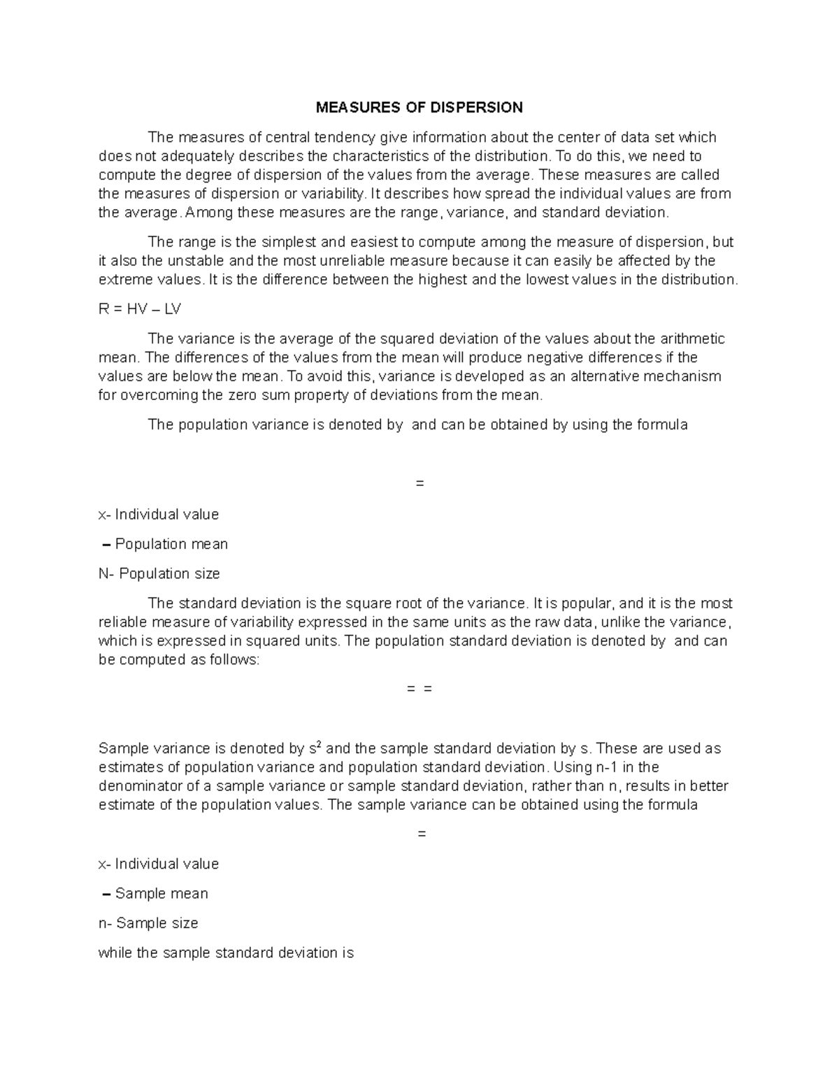 Measures OF Dispersion lecture notes mathematics in the modern world ...