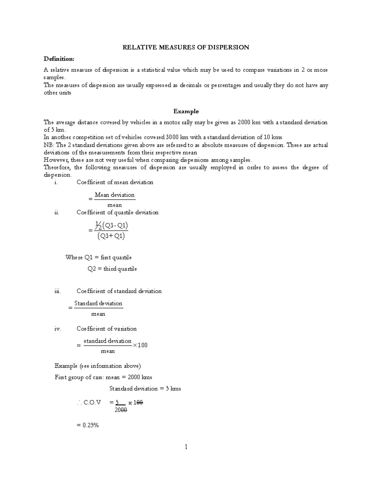Relative Measures OF Dispersion - 1 RELATIVE MEASURES OF DISPERSION ...
