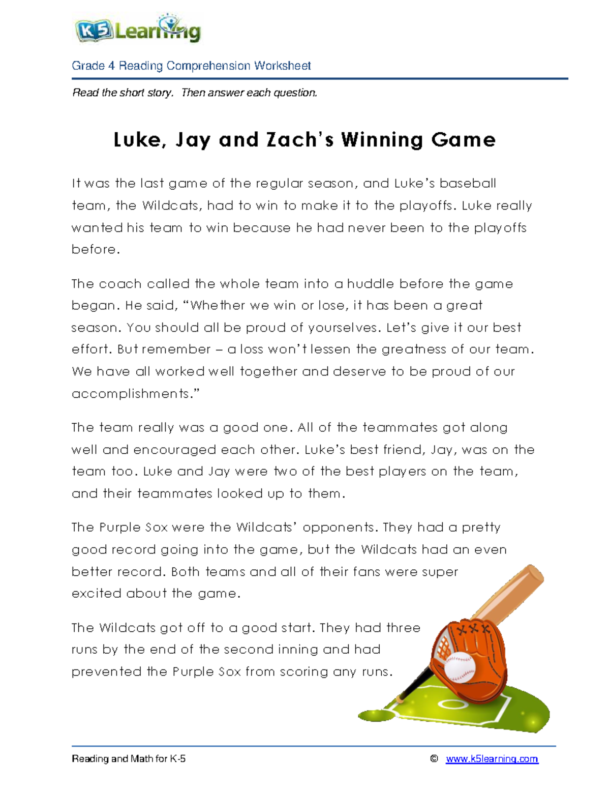 4th grade 4 reading winning game - Read the short story. Then answer ...