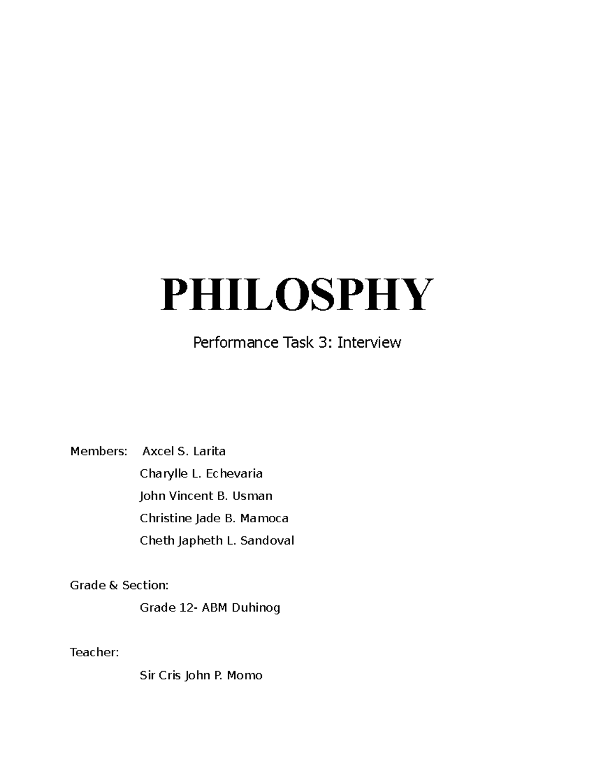 Philosophy (performace task) - PHILOSPHY Performance Task 3: Interview ...