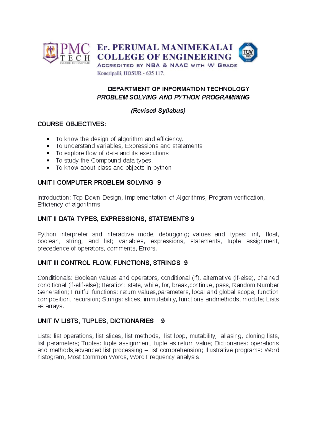 Python( Revised) - hhh - DEPARTMENT OF INFORMATION TECHNOLOGY PROBLEM SOLVING AND PYTHON ...