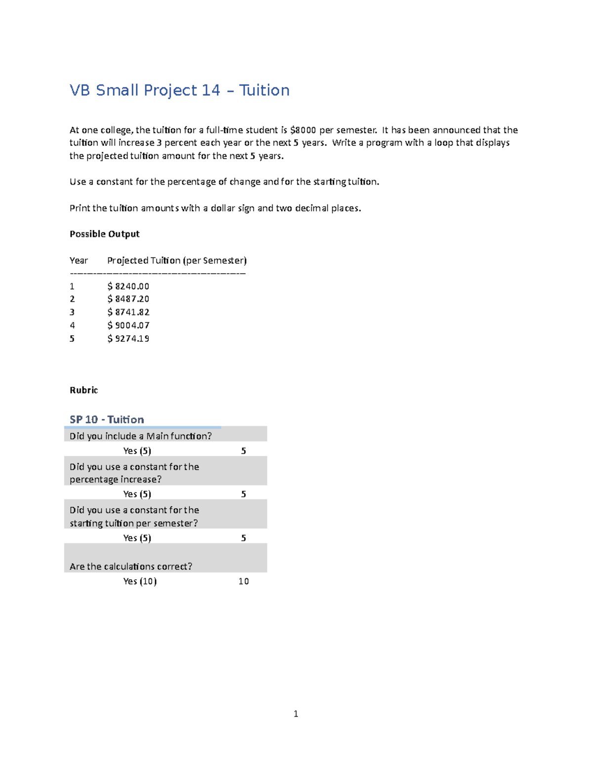 VB - Small Project 14 - Tuition - VB Small Project 14 – Tuition At one college, the tuition for ...