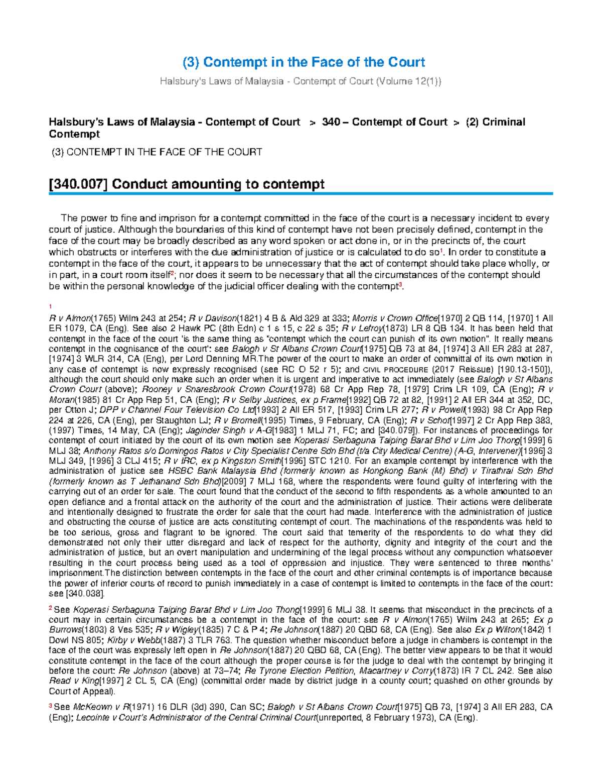 (3) Contempt in the Face of the Court - Halsbury's Laws of Malaysia ...