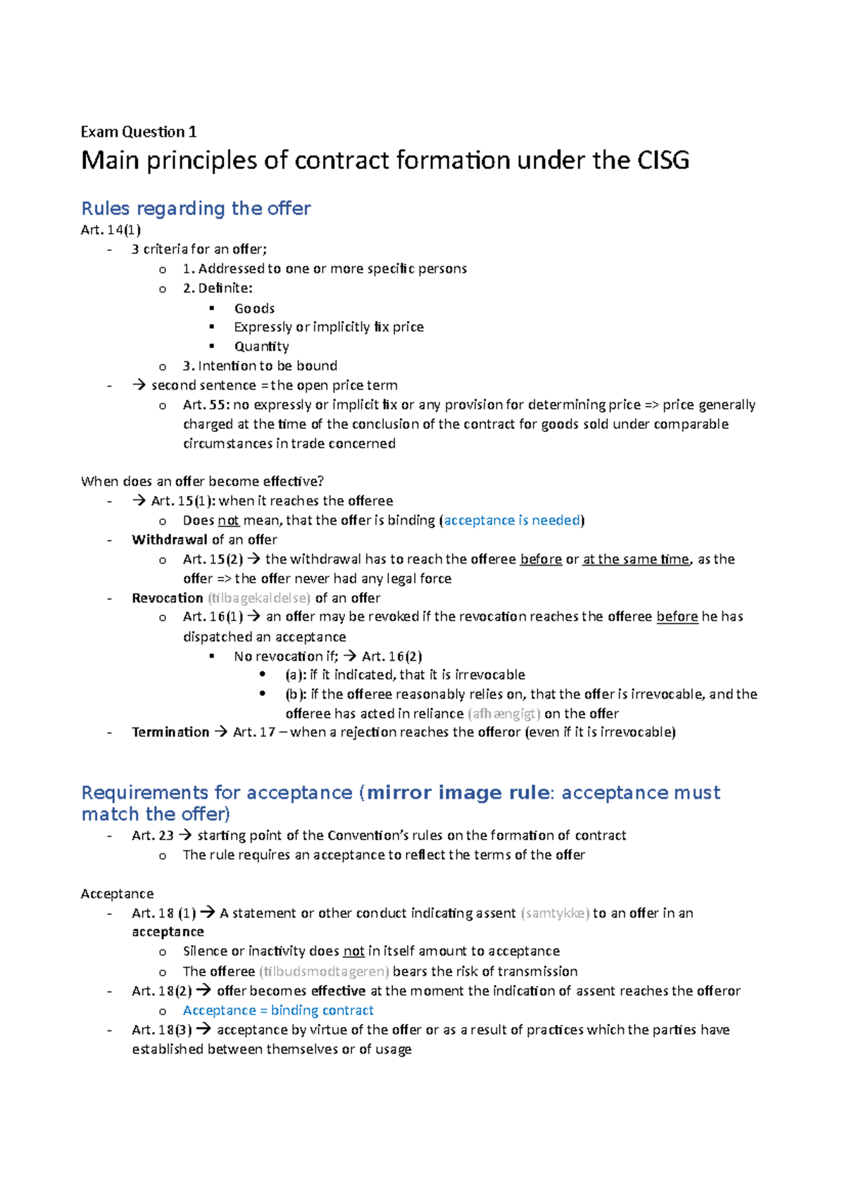 Question 1: Main principles of contract formation under the CISG - 14(1 ...
