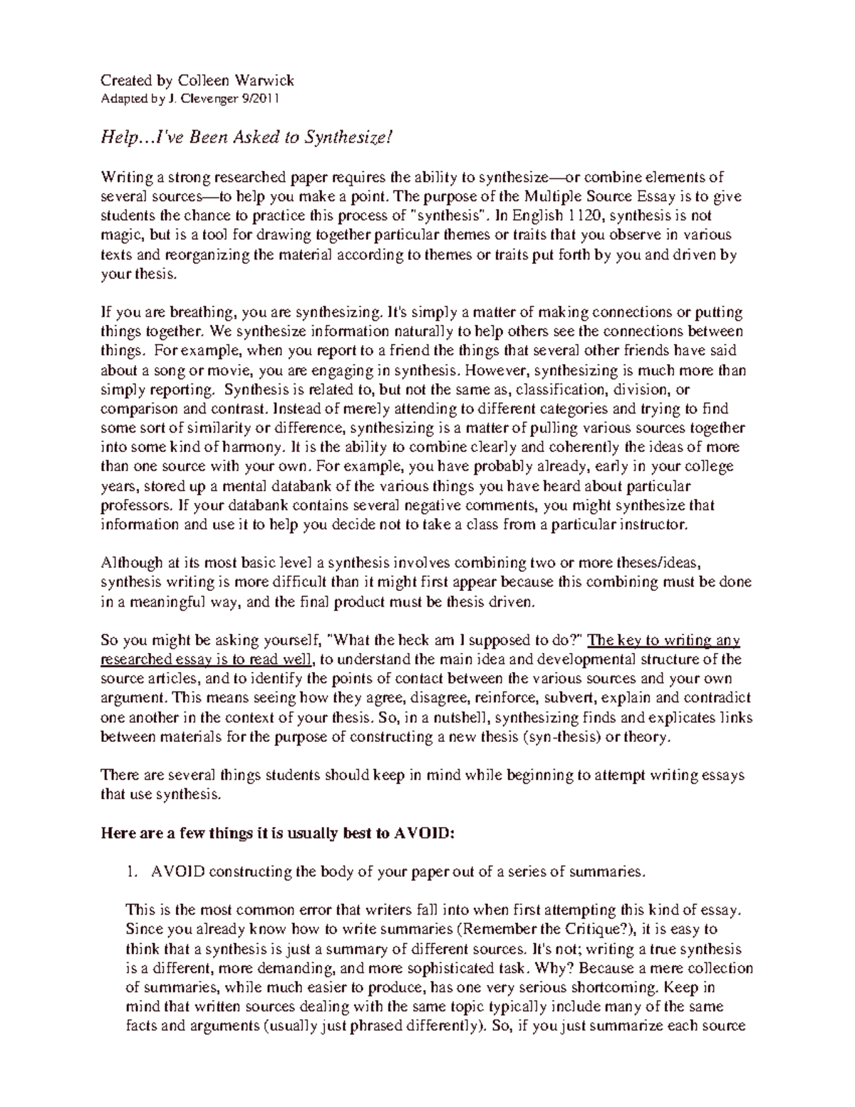 Synthesis - History notes - Created by Colleen Warwick Adapted by J ...