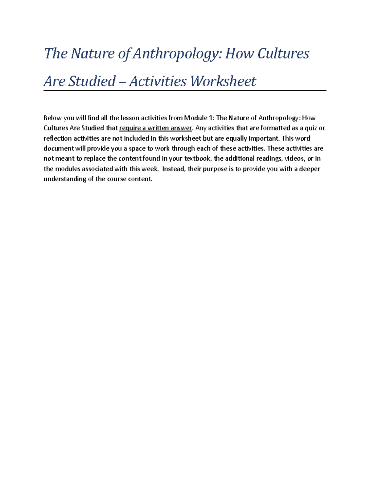Week 2 The Nature of Anthropology Activities Worksheet - The Nature of ...