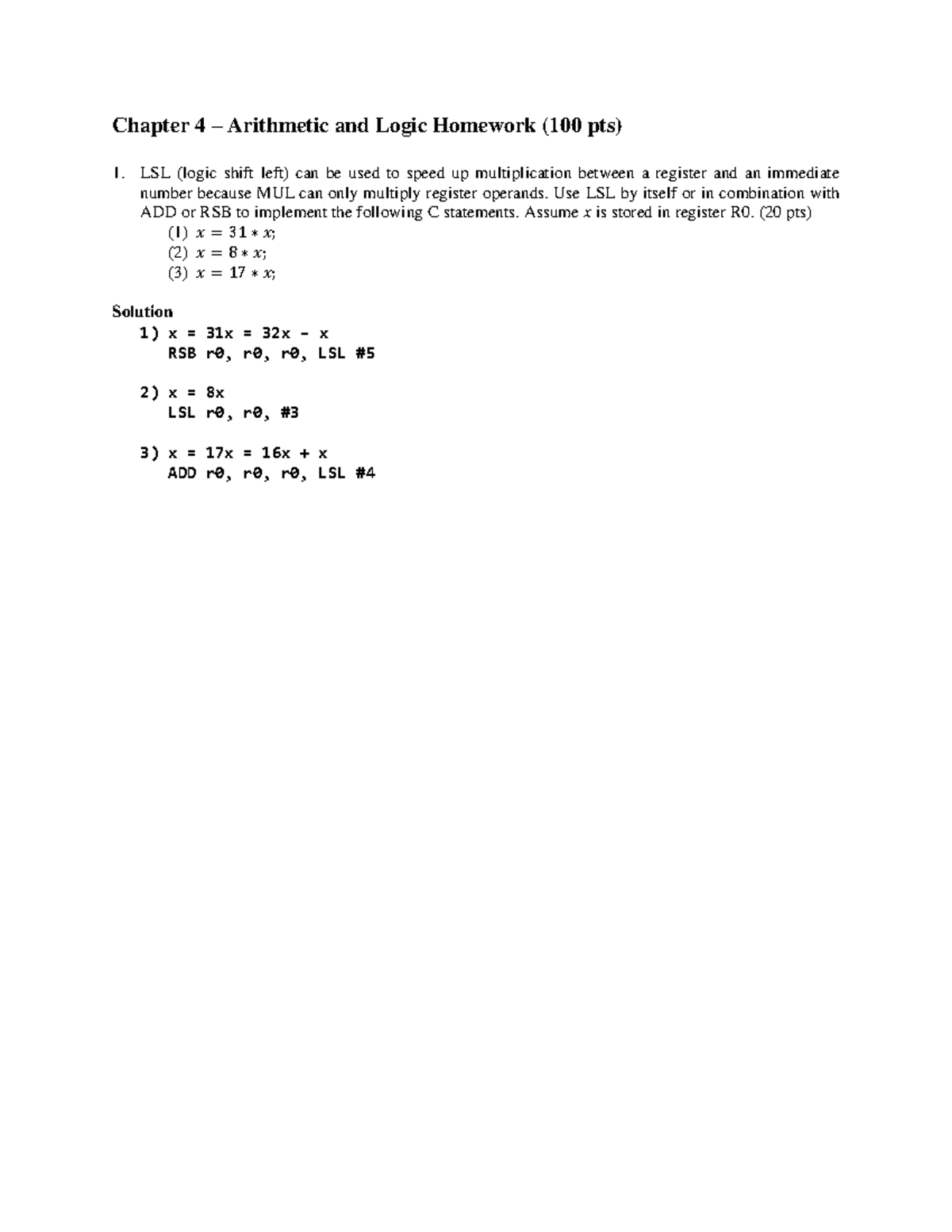 Ch 4 HW Solns - hwk - Chapter 4 – Arithmetic and Logic Homework (100 ...