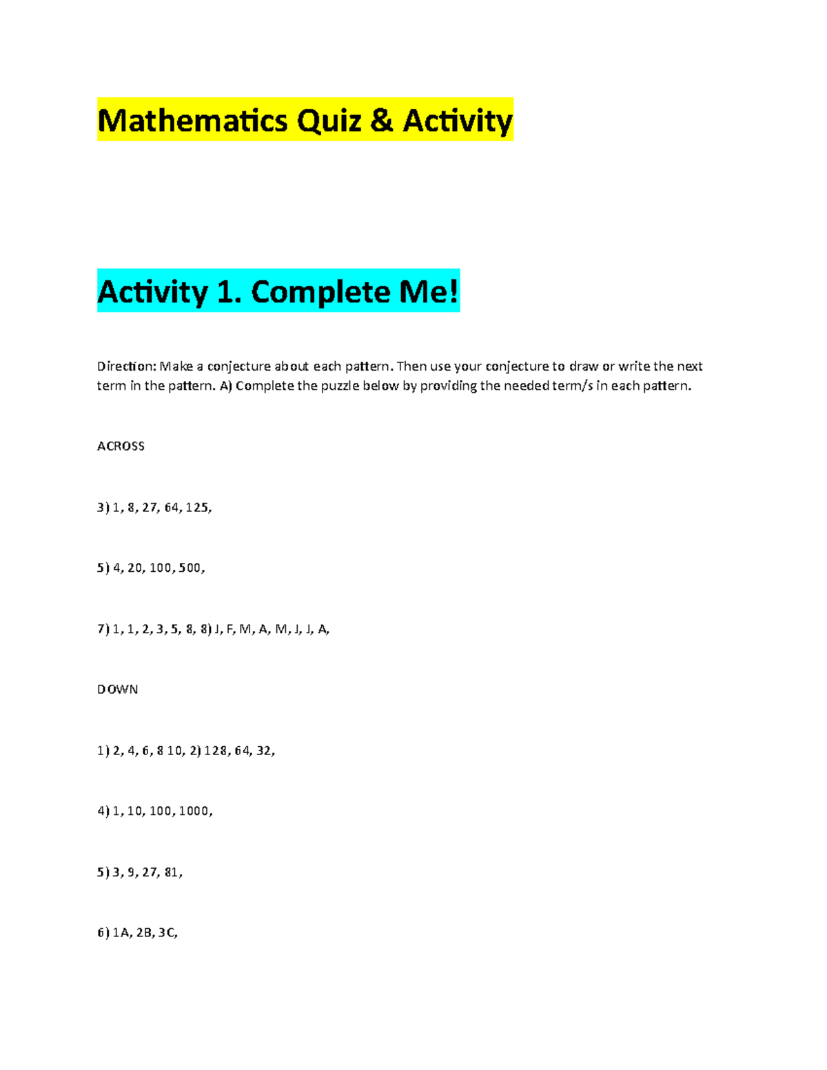 Math-3 - Lecture notes 4 - Mathematics Quiz & Activity Activity 1 ...
