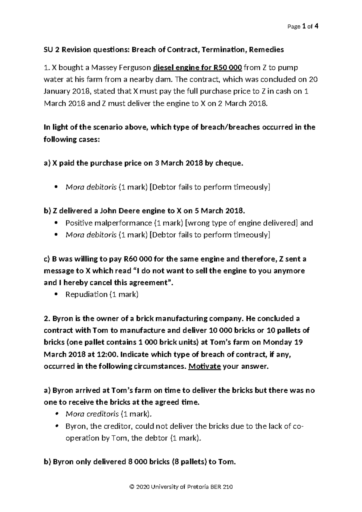 Breach, Remedies, Termination - SU 2 Revision questions: Breach of Contract, Termination ...