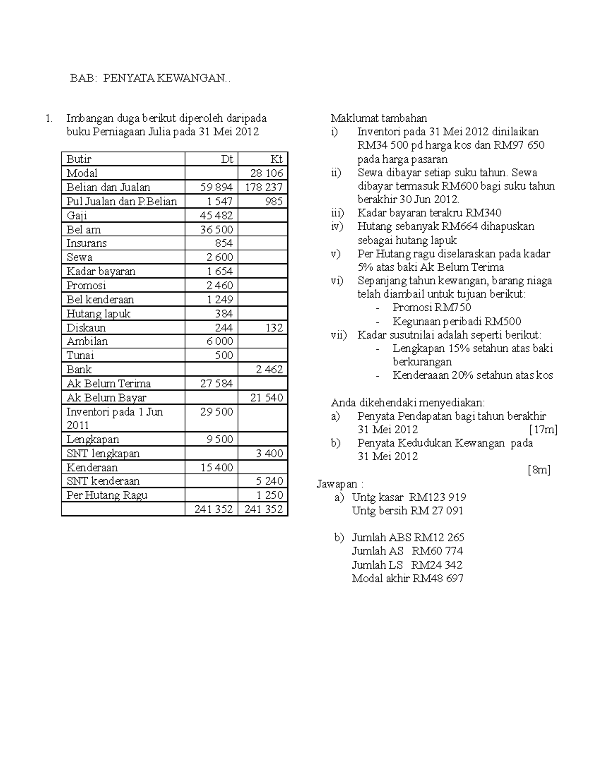 K2 Penyata Kewangan - test - BAB: PENYATA KEWANGAN.. Imbangan duga ...