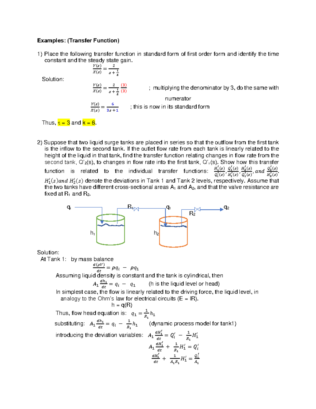 Examples (Transfer Function) - Examples: (Transfer Function) Place the ...