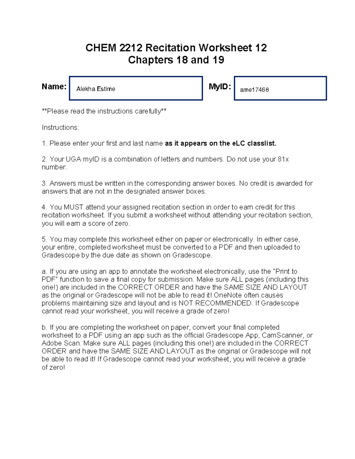 CHEM 2212 FA24 Recitation 12 - CHEM 2212 Recitation Worksheet 12 Chapters 18 and 19 Name: MyID ...