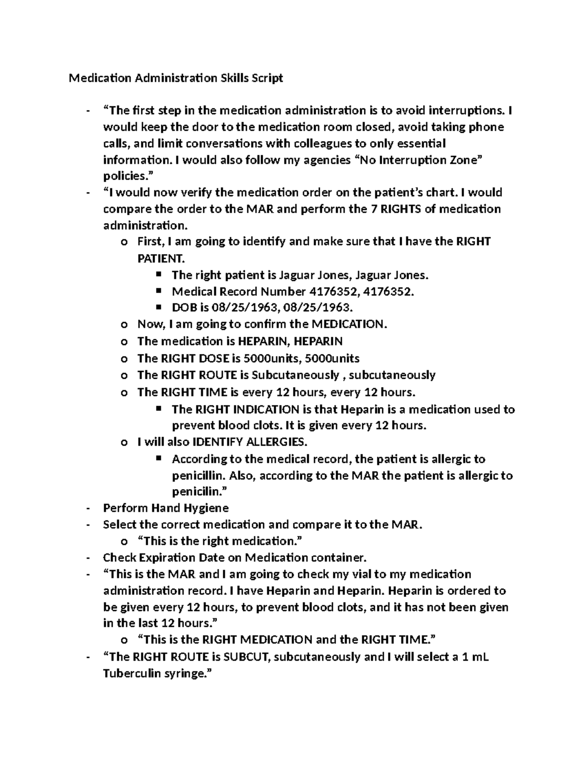 Medication Administration Skills Script - I would keep the door to the ...