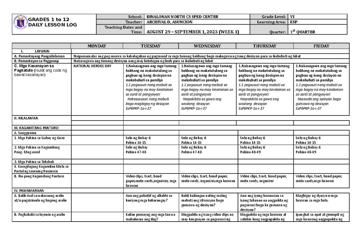 DLL ESP 6 Q1 W1 - sample lesson plan - GRADES 1 to 12 DAILY LESSON LOG School: BINALONAN NORTH ...
