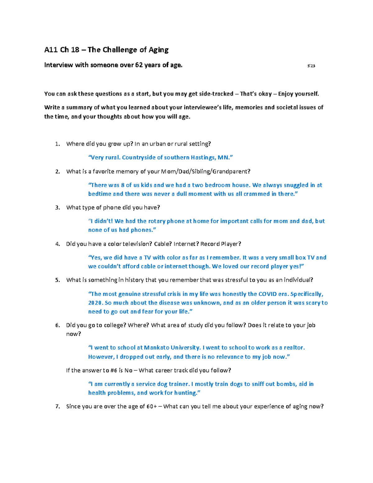 A11- Ch 18 Age Interview - A11 Ch 18 – The Challenge of Aging Interview ...