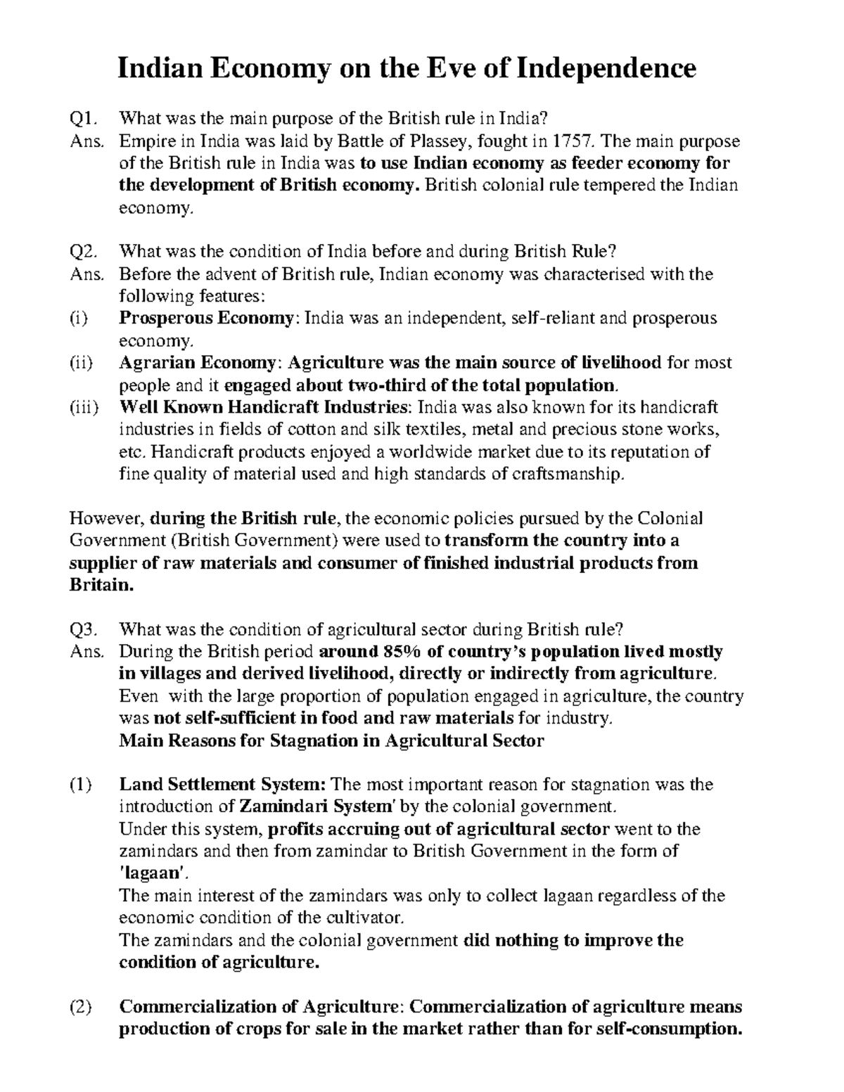 Chapter 1 Indian Economy - Indian Economy on the Eve of Independence Q1 ...