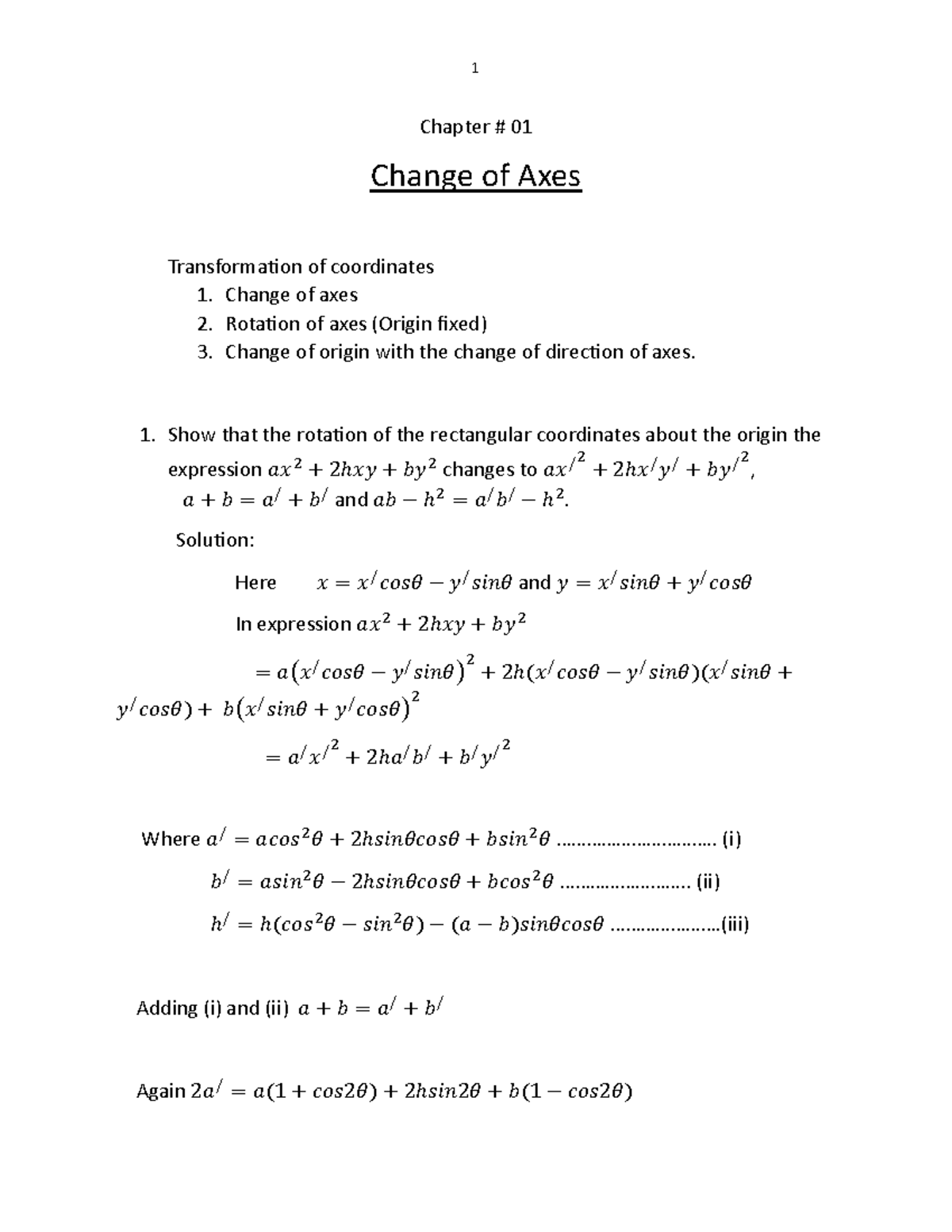 Change-of-Axes - Bsjs - Chapter # 01 Change of Axes Transformation of ...