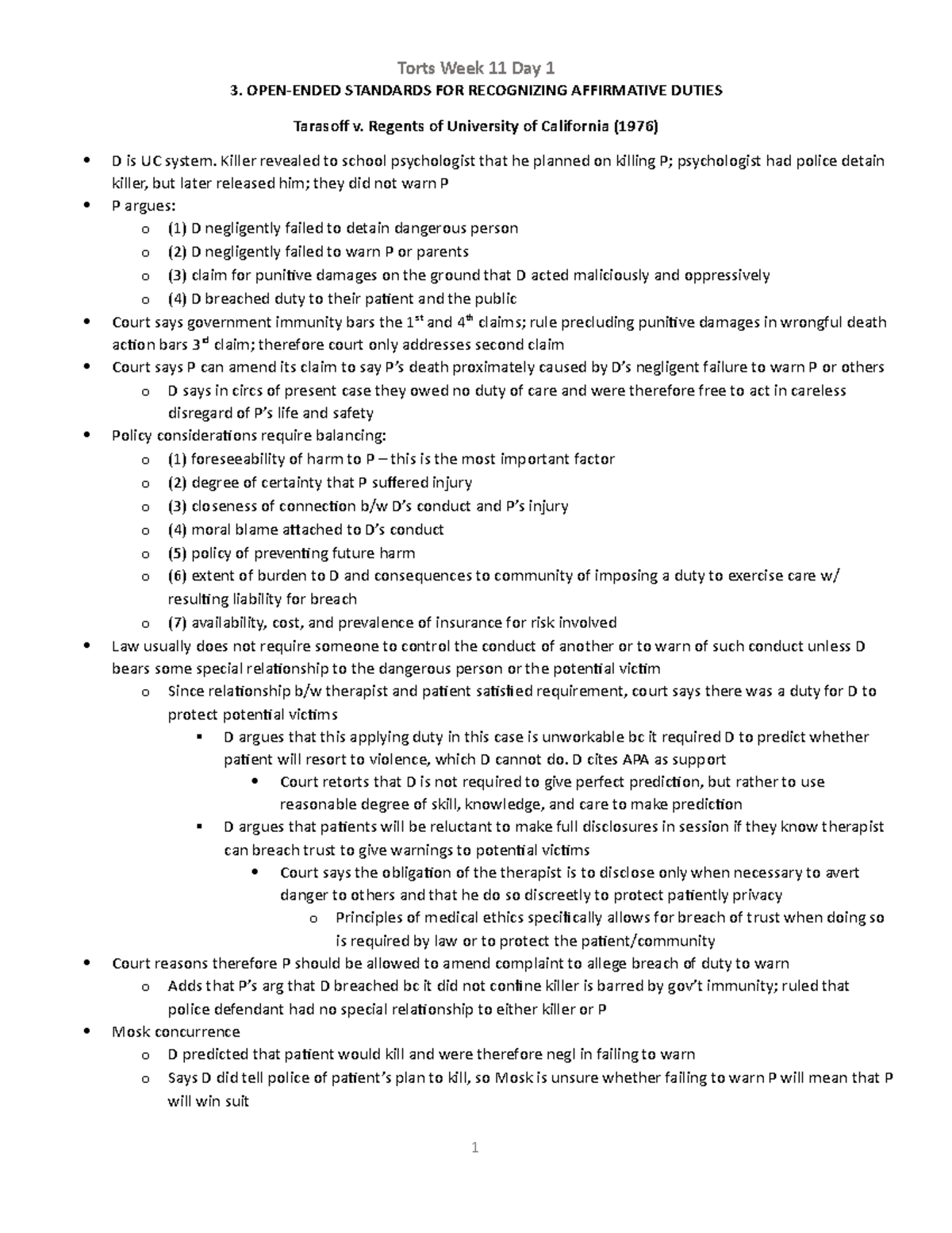 Torts - Notes on cases and in-class lectures - Torts Week 11 Day 1 3 ...