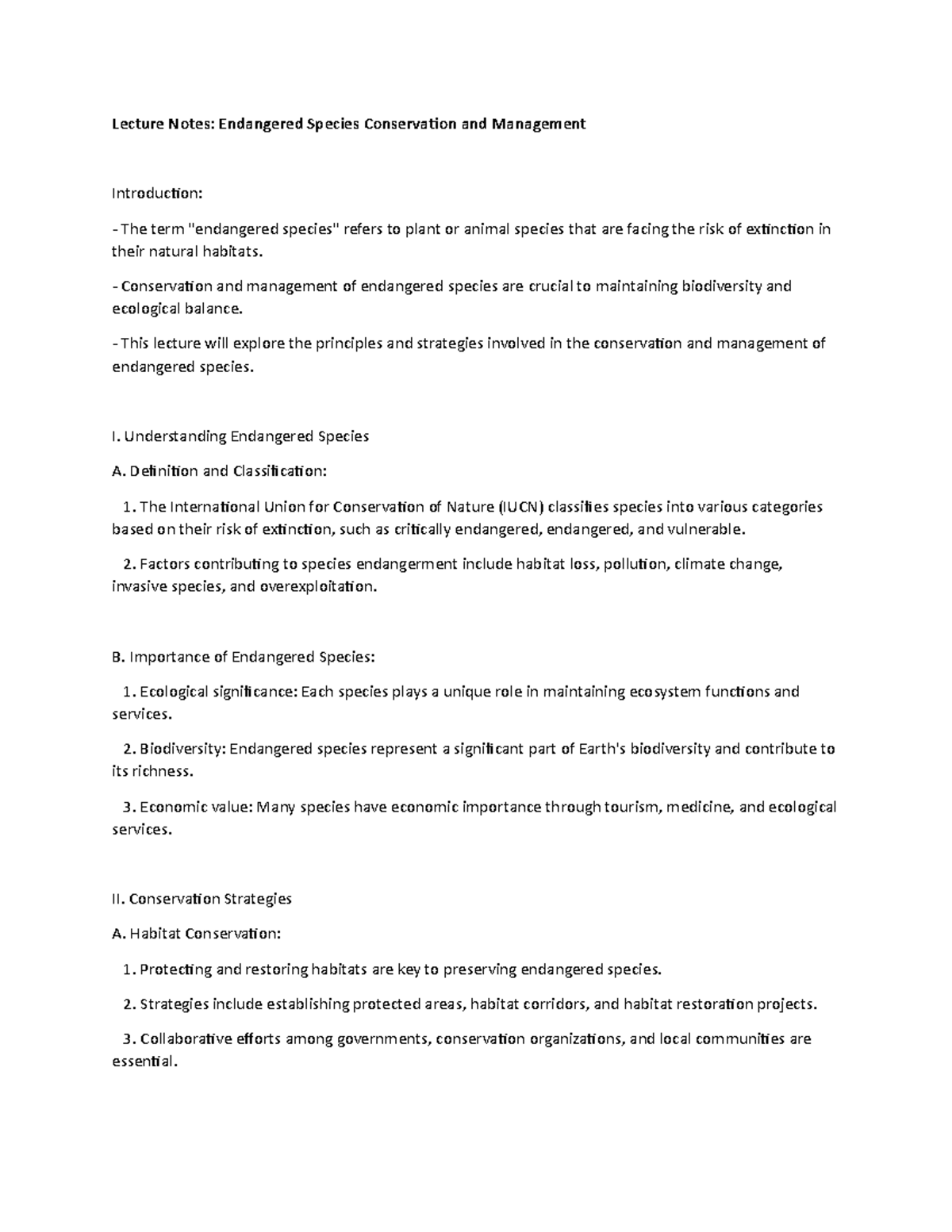 Lecture Notes: Endangered Species Conservation and Management - Lecture ...