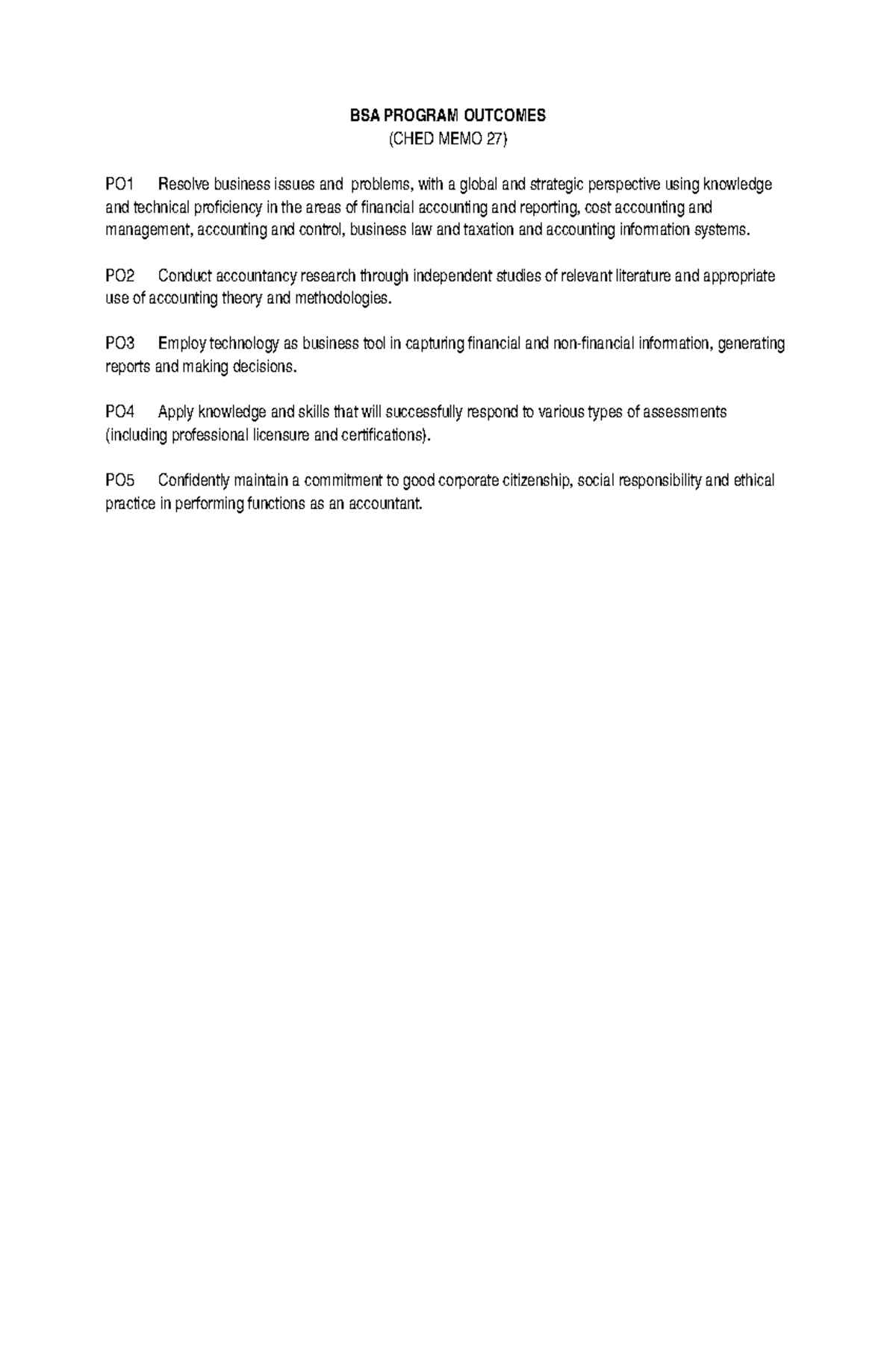 BSA Program Outcomes - BSA PROGRAM OUTCOMES (CHED MEMO 27) PO1 Resolve ...
