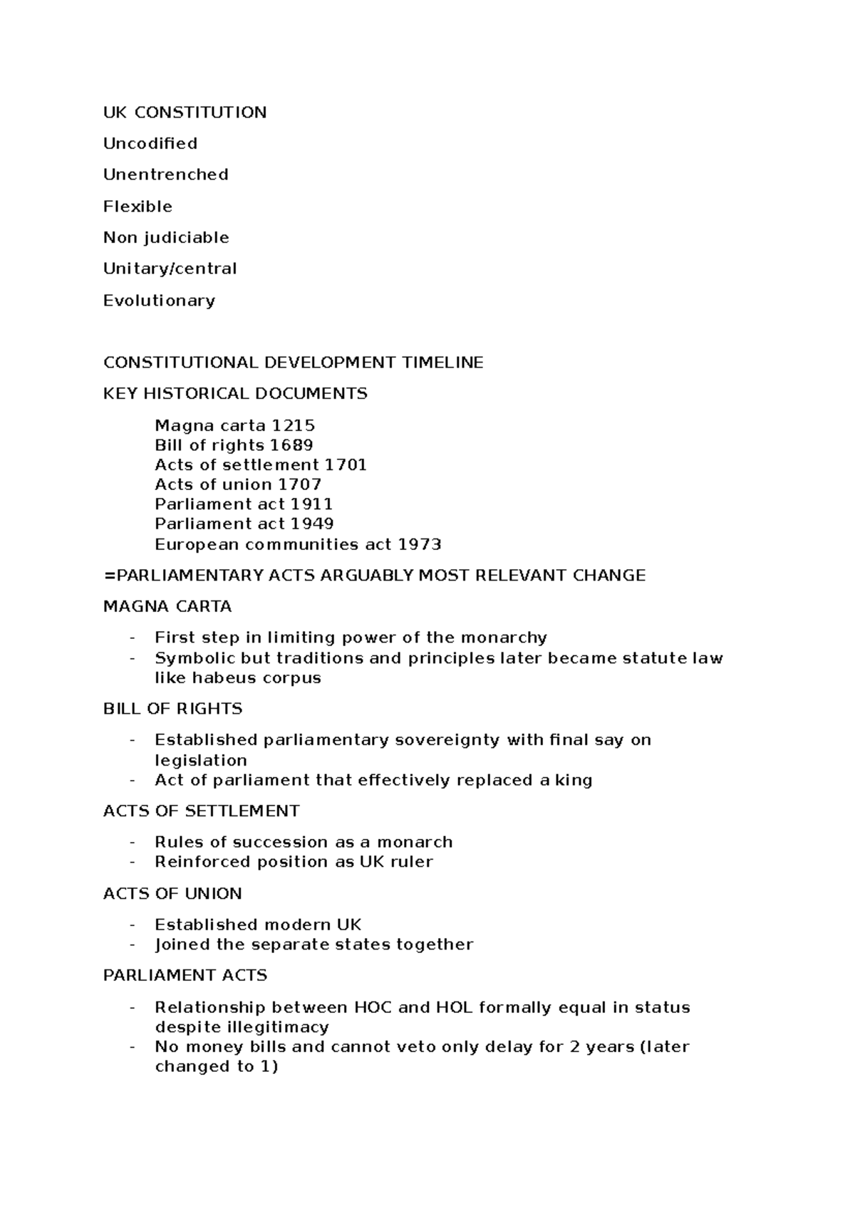 UK Constitution - UK CONSTITUTION Uncodified Unentrenched Flexible Non ...