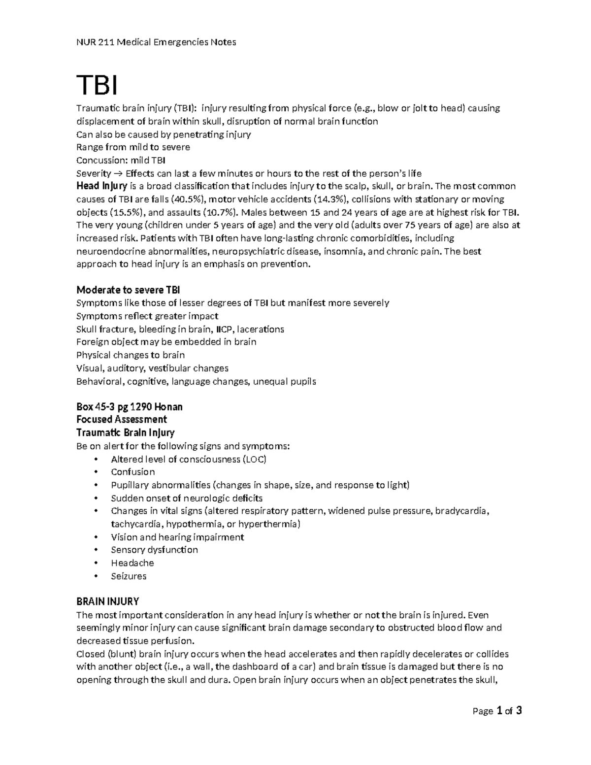 Notes TBI - NUR 211 Medical Emergencies Notes TBI Traumatic brain ...