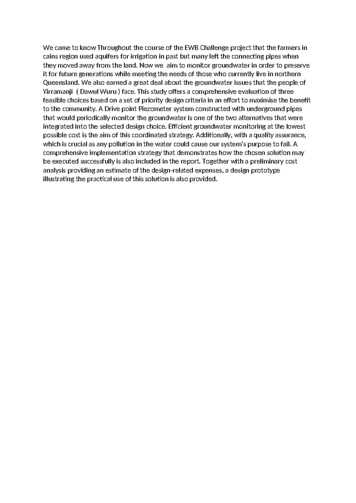 CITP Assignment 2 Draft - We came to know Throughout the course of the EWB Challenge project ...