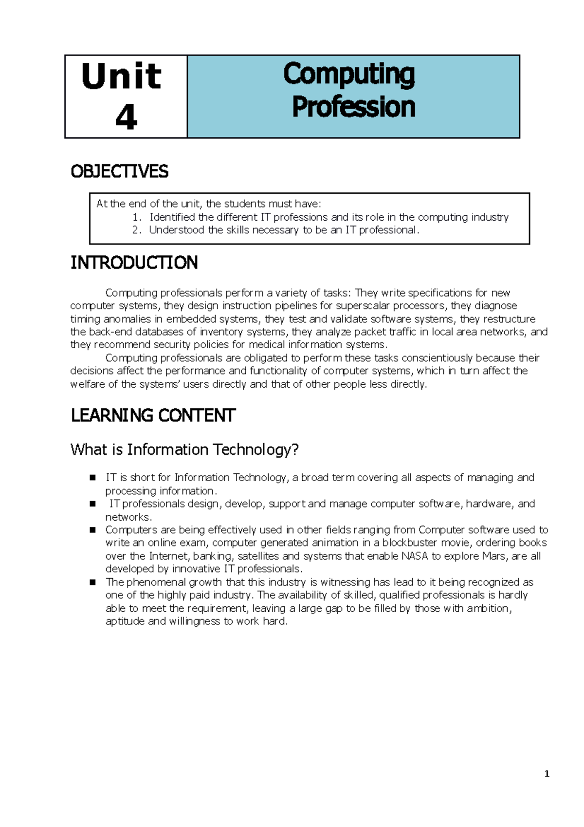 Unit 4 Computing Profession Unit 4 Computing Profession Objectives Introduction Computing