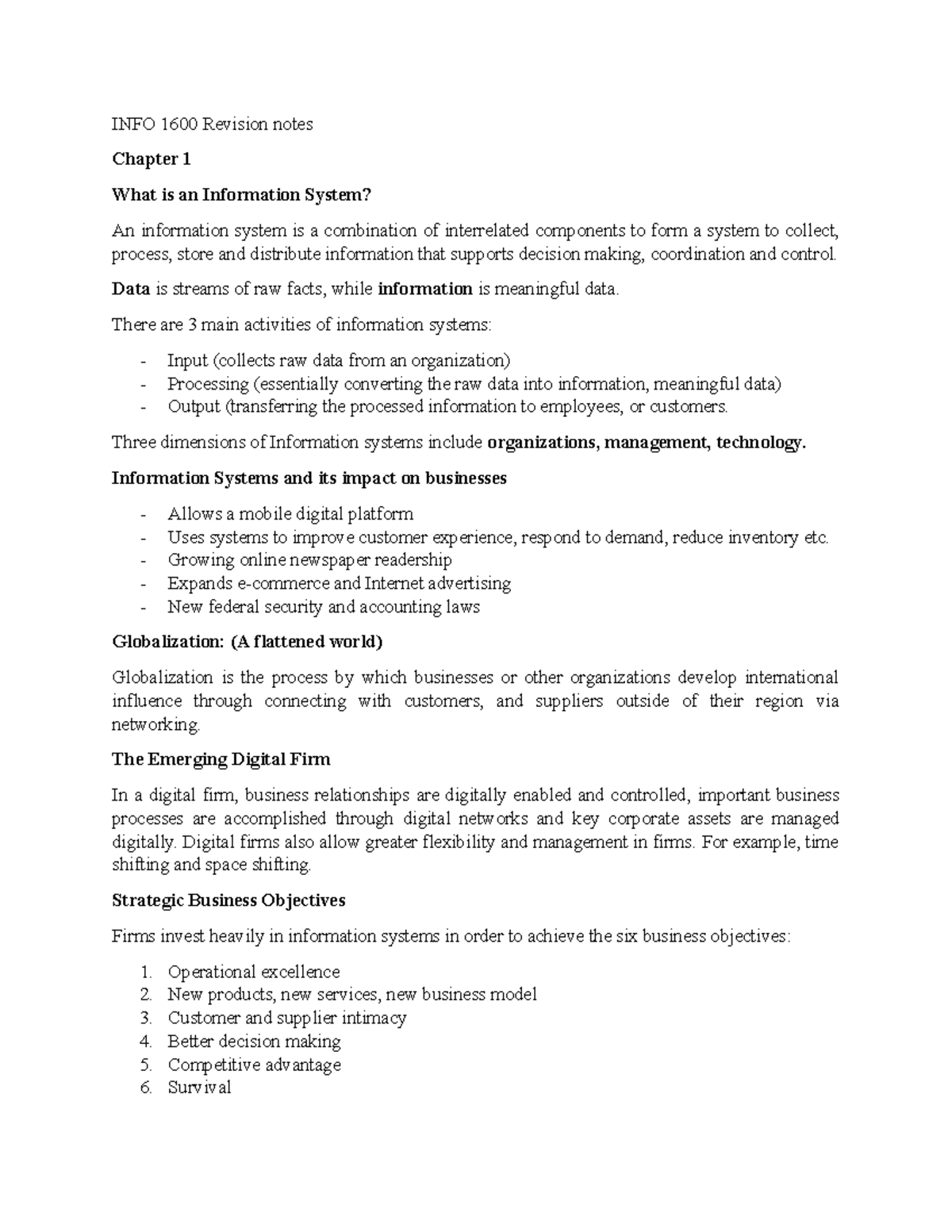 INFO 1600 Notes - INFO 1600 Revision notes Chapter 1 What is an ...