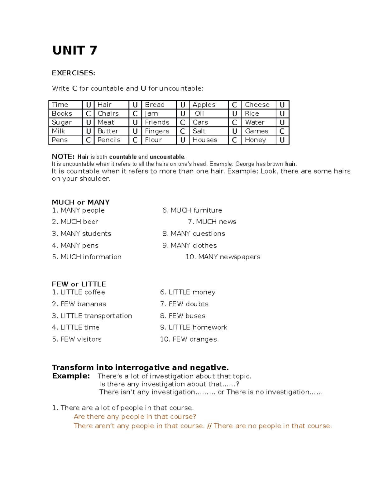 Answers Exercises Unit7 - UNIT 7 EXERCISES: Write C for countable and U for uncountable: Time U ...